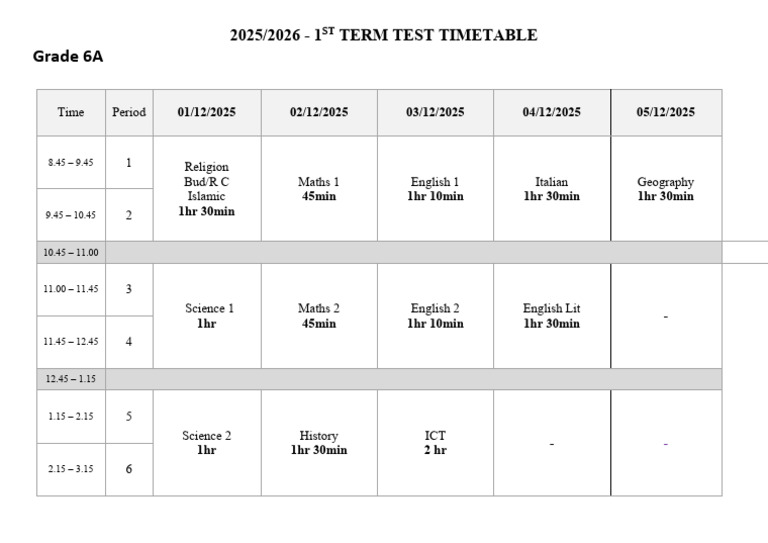 Grade 6A: 2025/2026 - 1 Term Test Timetable | PDF