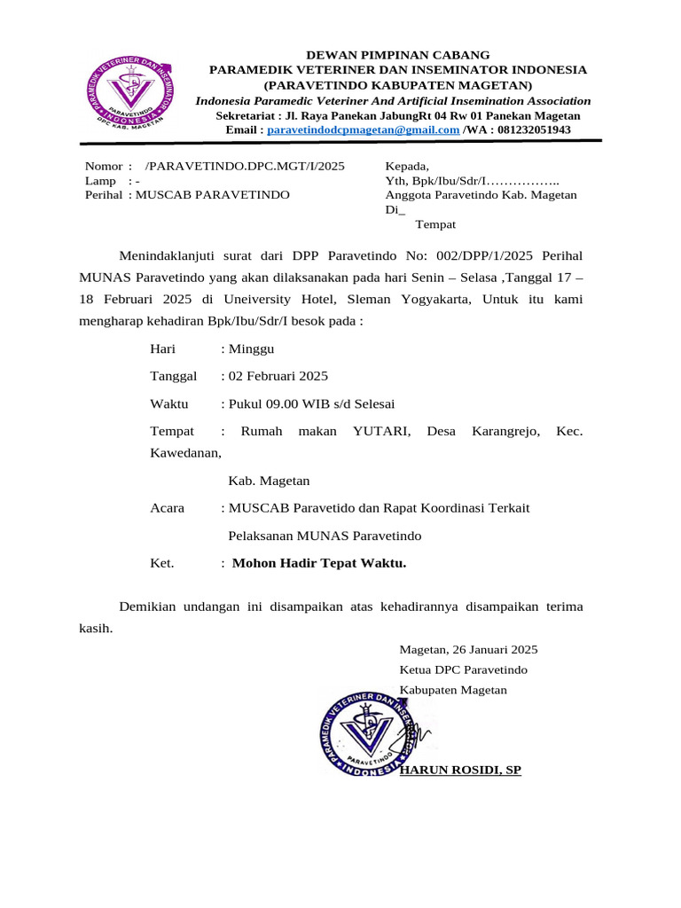 Undangan MUSCAB Paravetindo Magetan | PDF