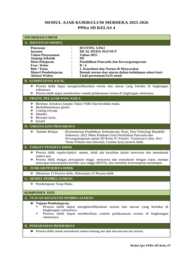 Modul Ajar PPKN Kelas 4 Bab 2 | PDF