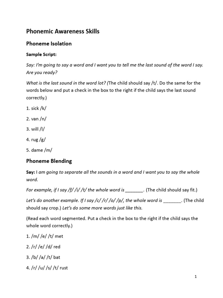 Phonemic Awareness Skills Sample Task Worksheet | PDF | Linguistics