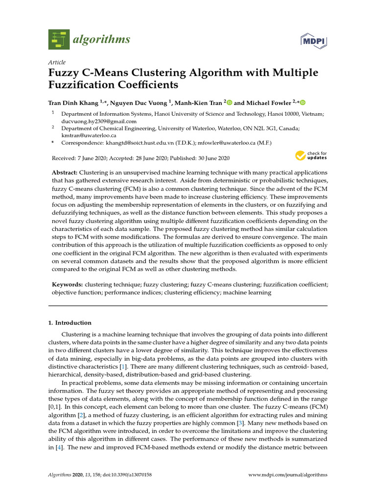 algorithms-13-00158-v2 | PDF | Cluster Analysis | Applied Mathematics