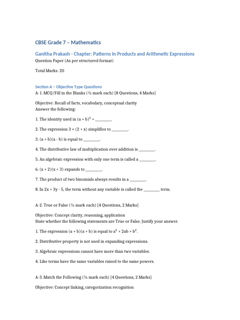 CBSE Grade7 GanithaPrakash PatternsExpressions | PDF | Algebra ...