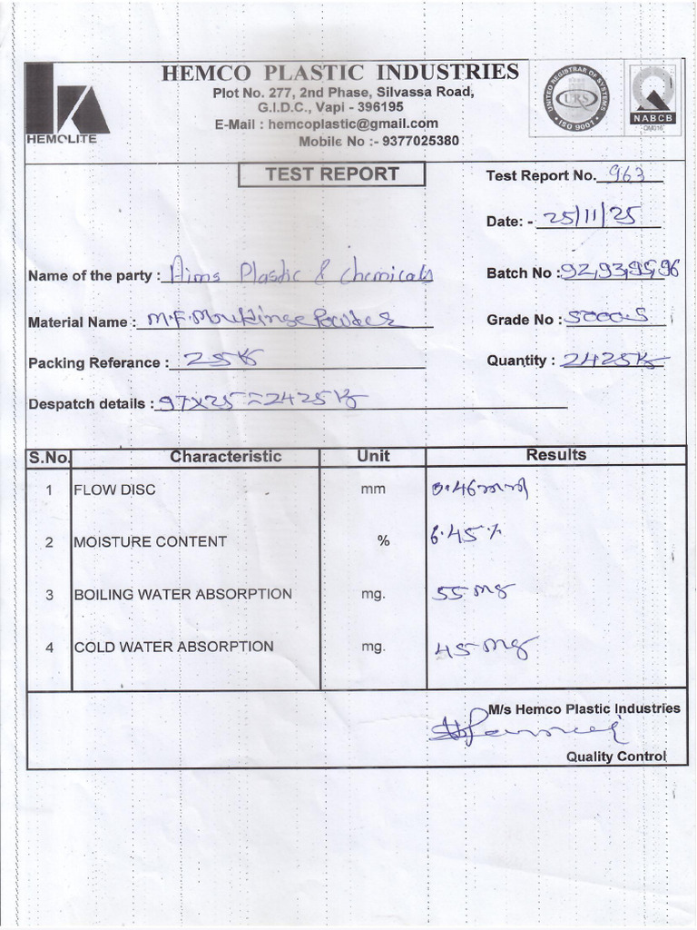 Aims Plastic Test Report | PDF