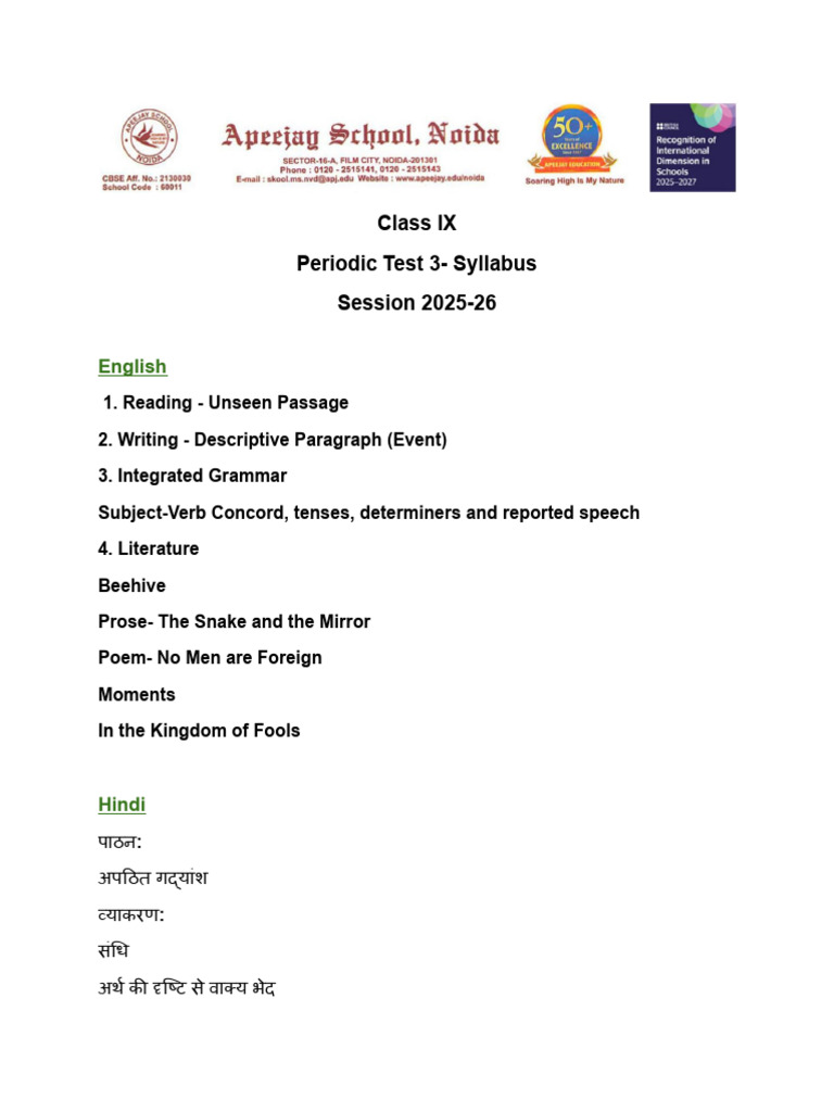 Class IX PT-3 - Examination - Syllabus (2025-26) | PDF