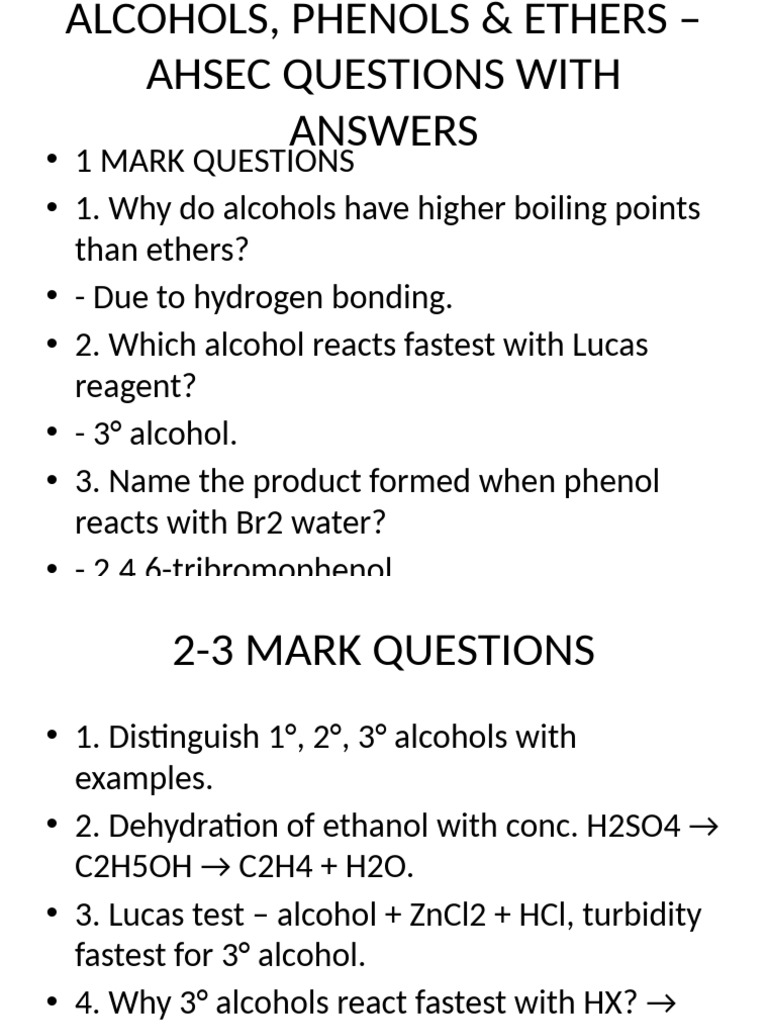 AHSEC Alcohol Phenol Ether Questions Answers | PDF