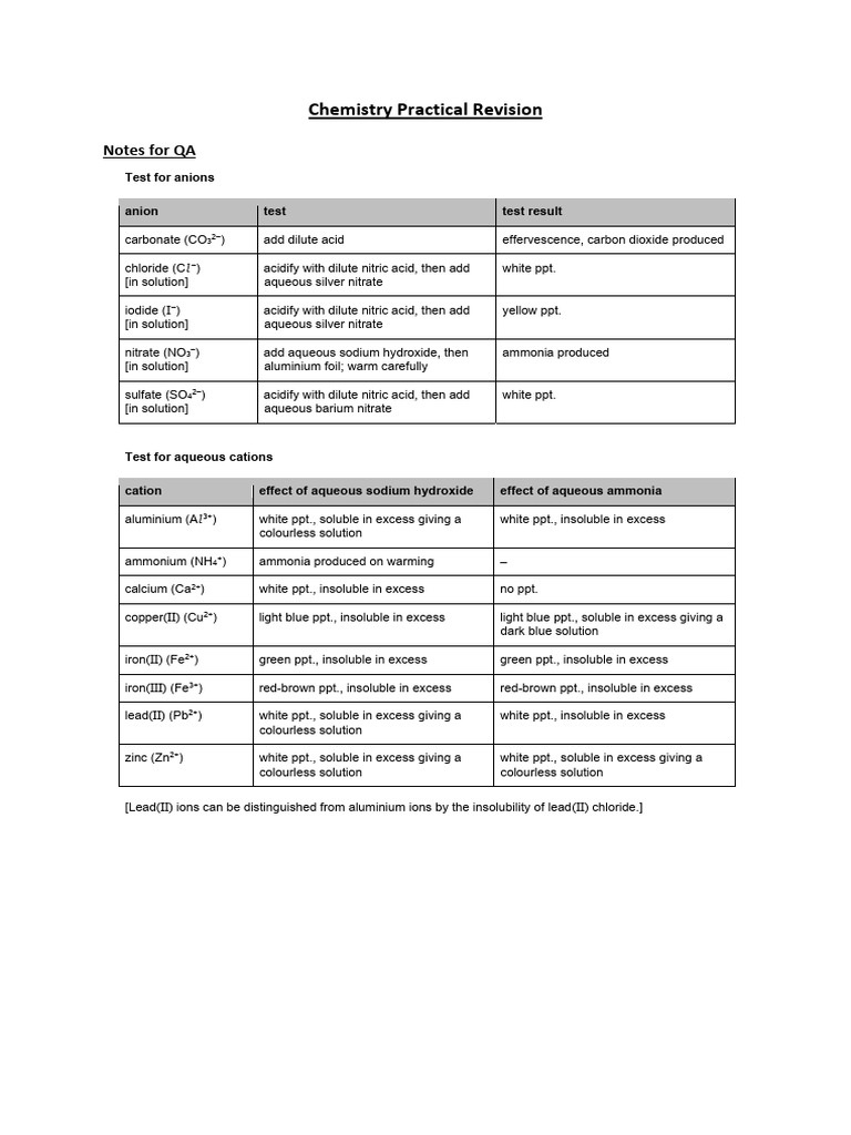 O Level Chem Practical Revision | PDF | Chemical Substances | Chemistry