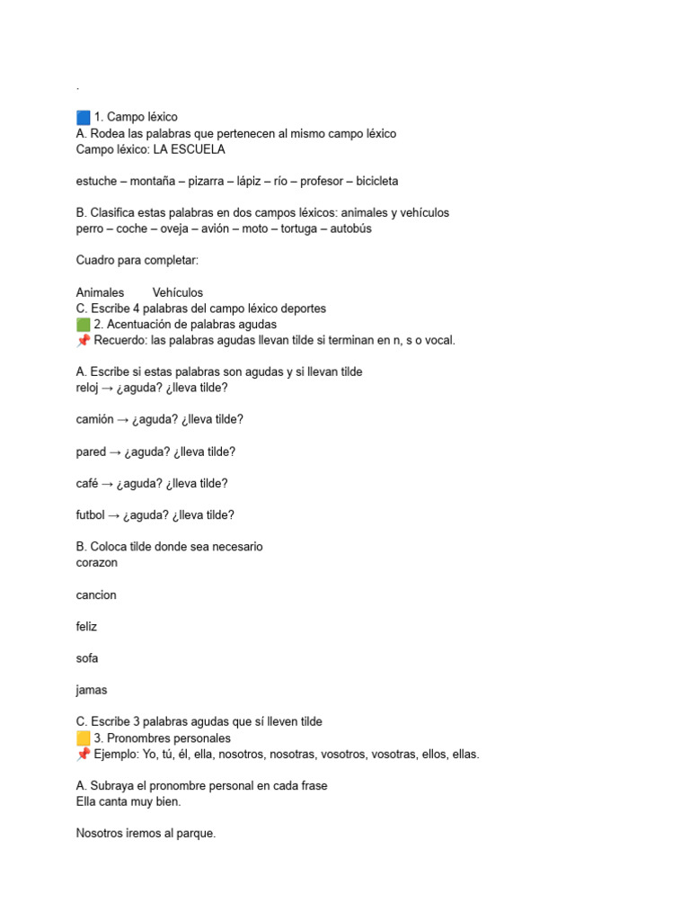 Ejercicios de Lengua para 4.º de Primaria | PDF | Pronombre