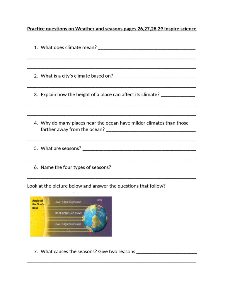 Practice Questions On Weather and Seasons Pages 26,27,28,29 Inspire ...