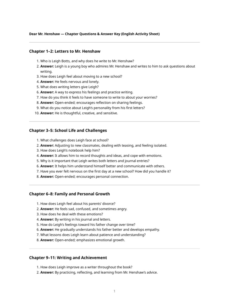Dear MR Henshaw Activity | PDF | Courage | Behavioural Sciences