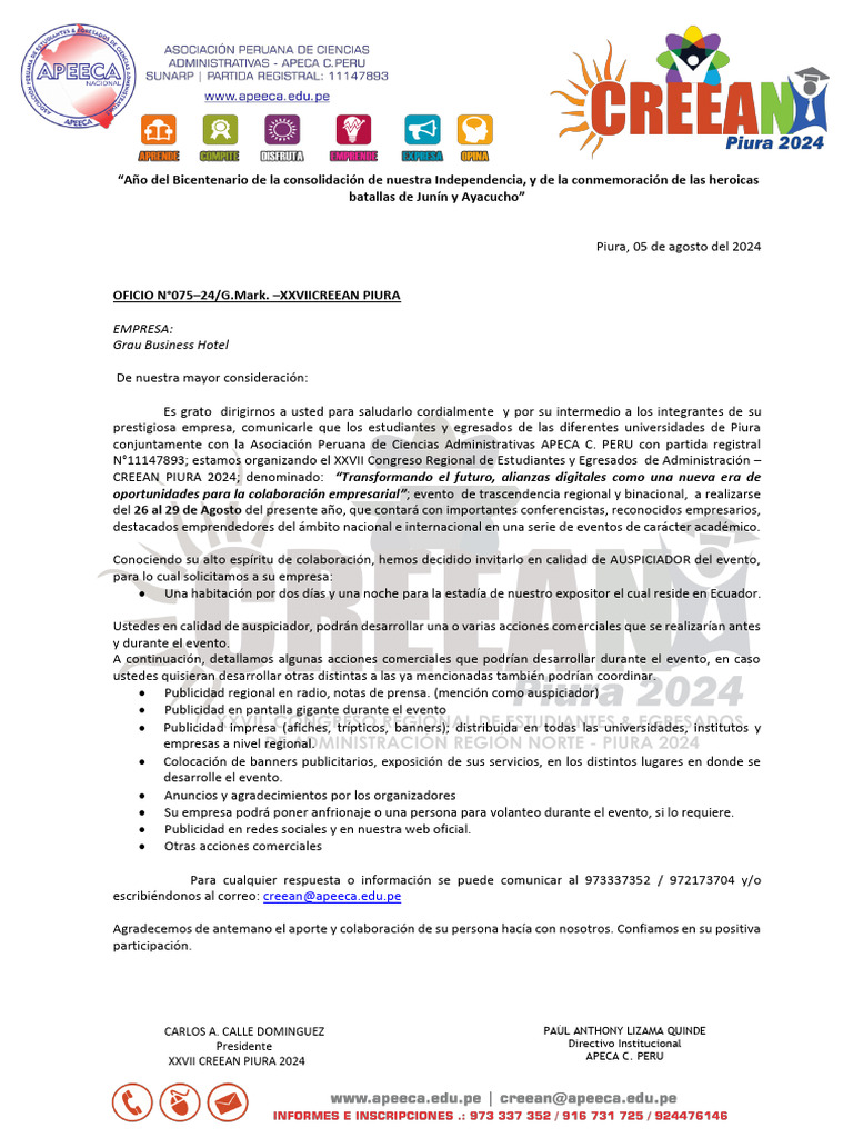 Invitación a Auspiciar CREEAN PIURA 2024 | PDF | Perú | Publicidad