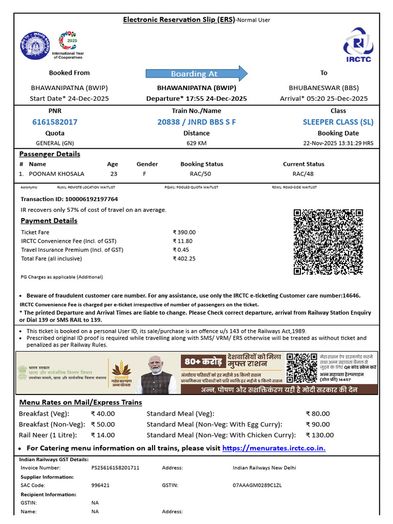 Indian Railways E-Ticket Booking Details | PDF | Identity Document