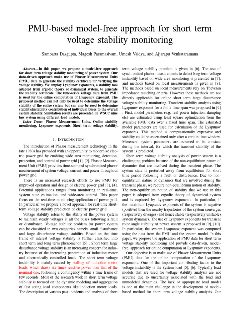 Model-Free Approach For Transient Voltage Stability Monitoring | PDF ...