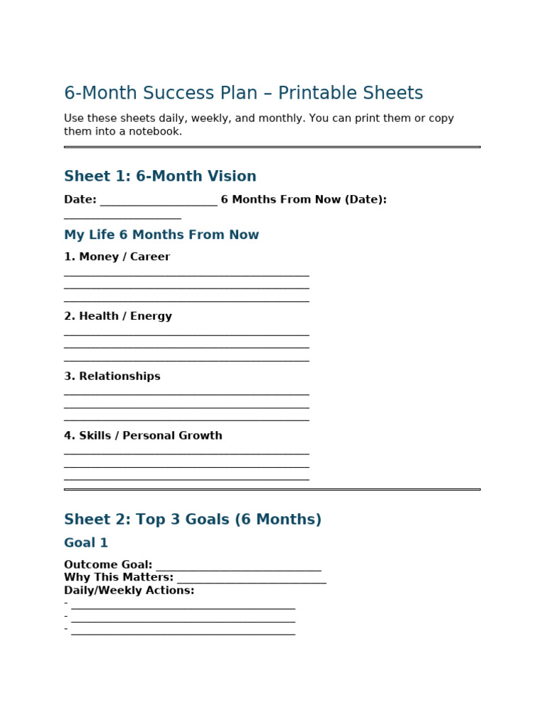 Six Month Success Sheets | PDF