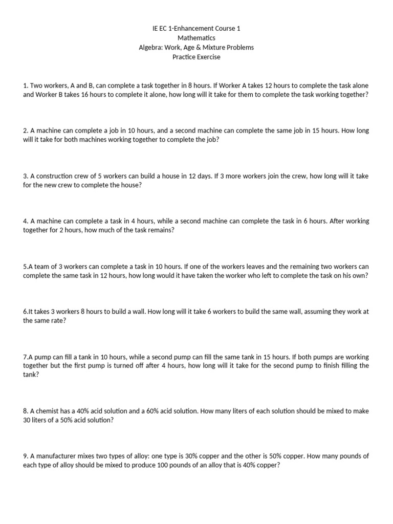 Ie Ec 1 Mathematics Algebra Work Mixture and Age Problems | PDF | Chess ...