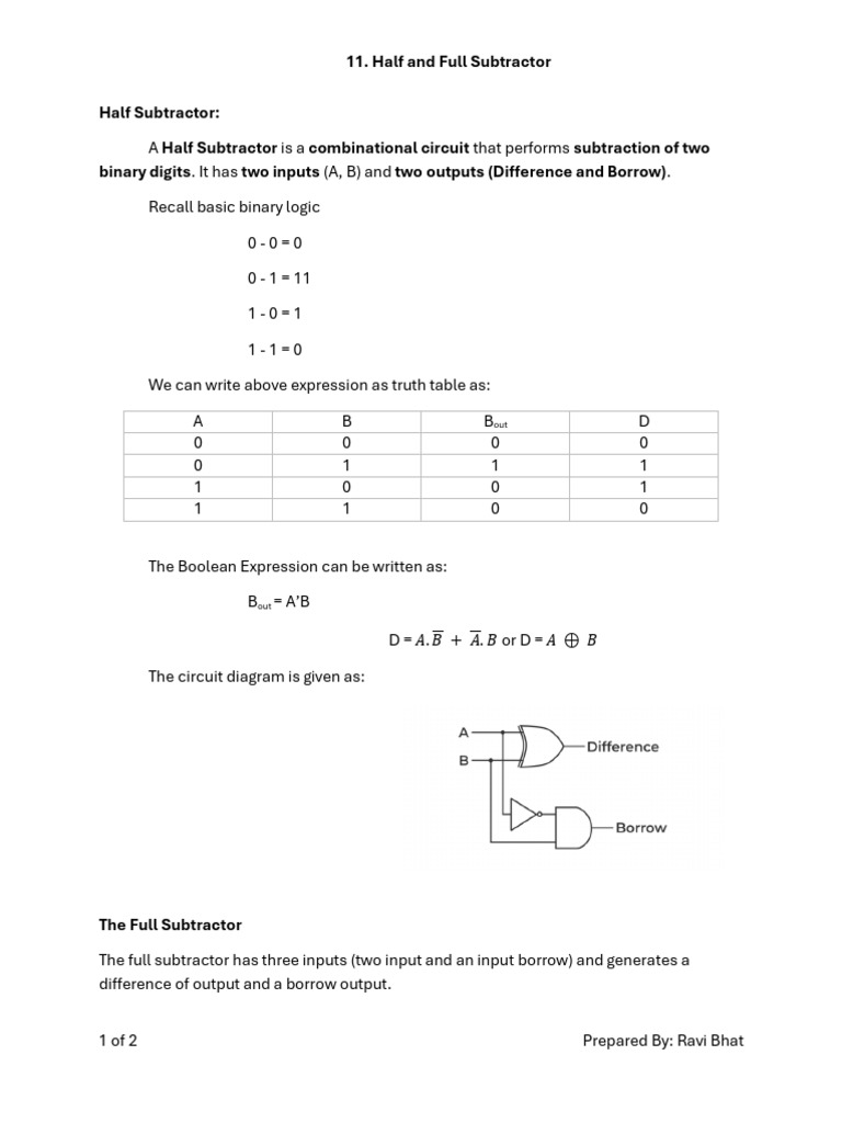 Half Subtractor and Full Subtractor | PDF | Mathematical Logic ...