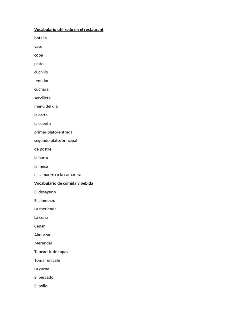Vocabulario Esencial de Restaurantes y Comida | PDF
