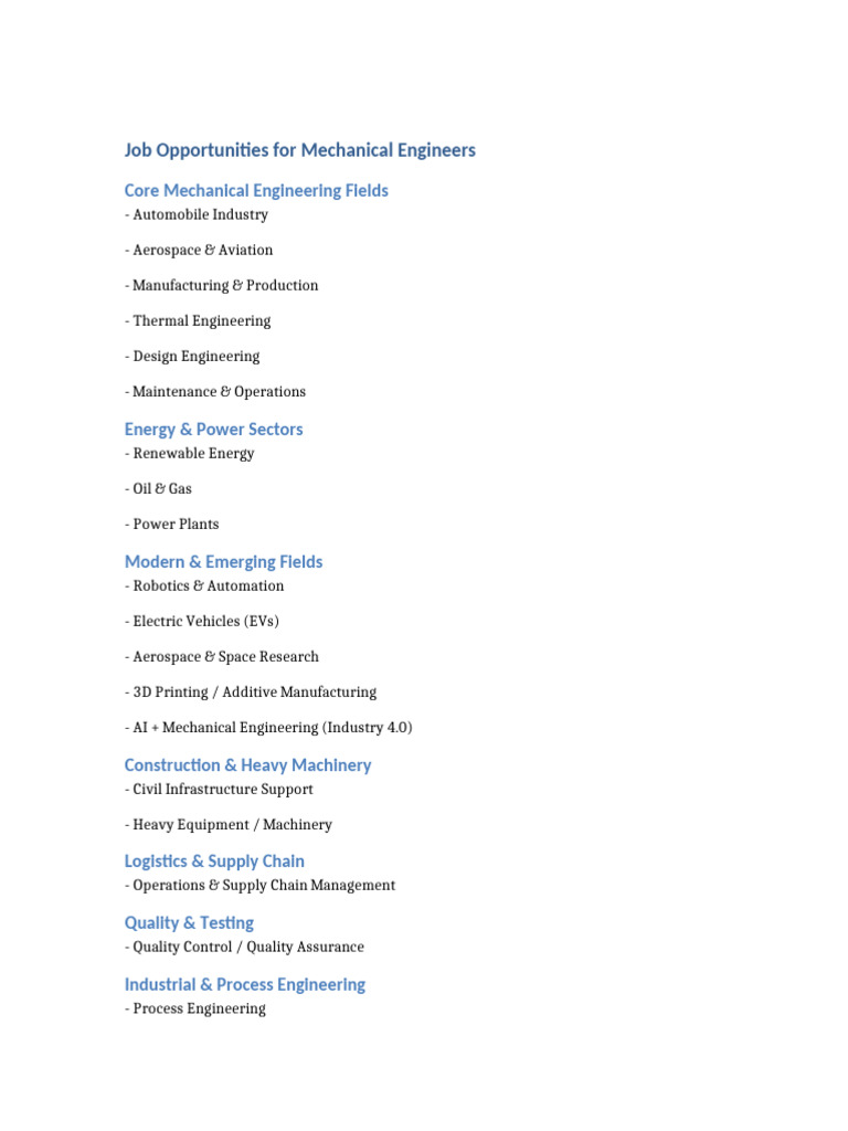 Mechanical Engineering Job Fields | PDF