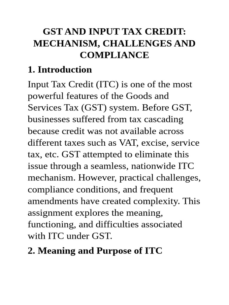 Asg 3 GST and Input Tax Credit Mechanism, Challenges and Compliance ...