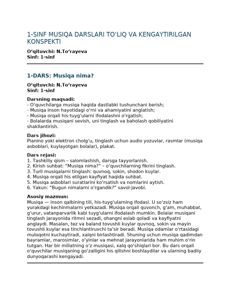 1 Sinf Musiqa Konspekt | PDF