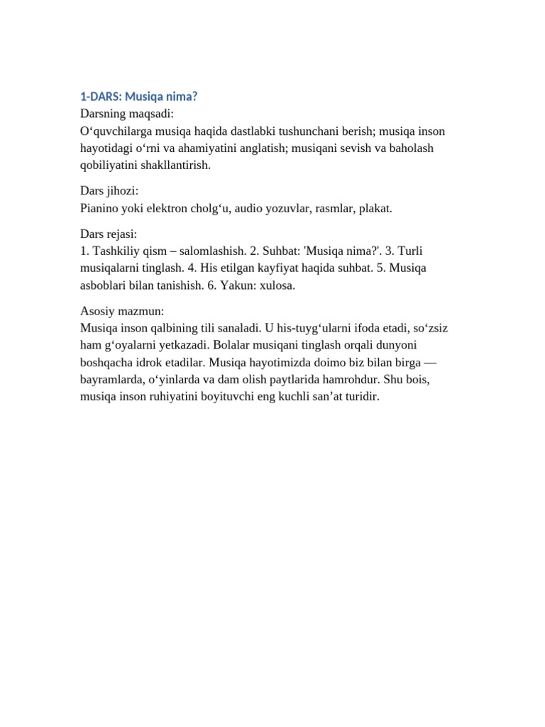 1 Sinf Musiqa Kengaytirilgan Konspekt | PDF