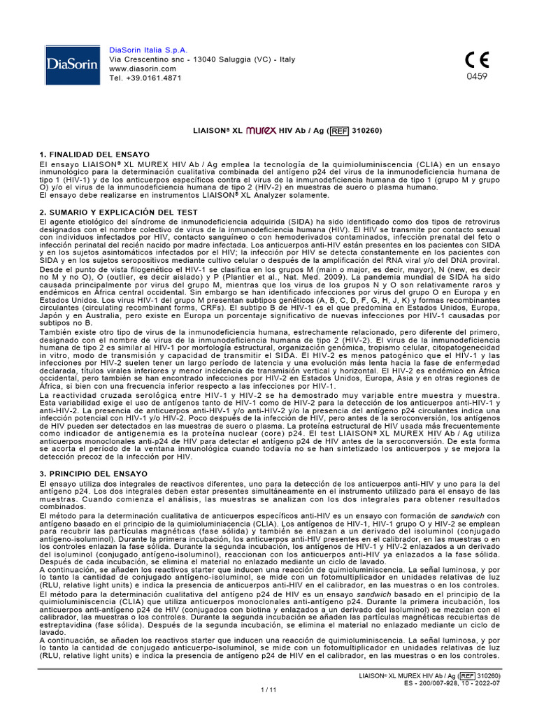 Inserto Liaison XL Murex Hiv | PDF | VIH | Virus