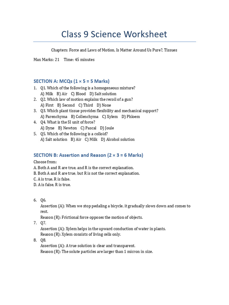 Class 9 Science Worksheet 21 Marks | PDF