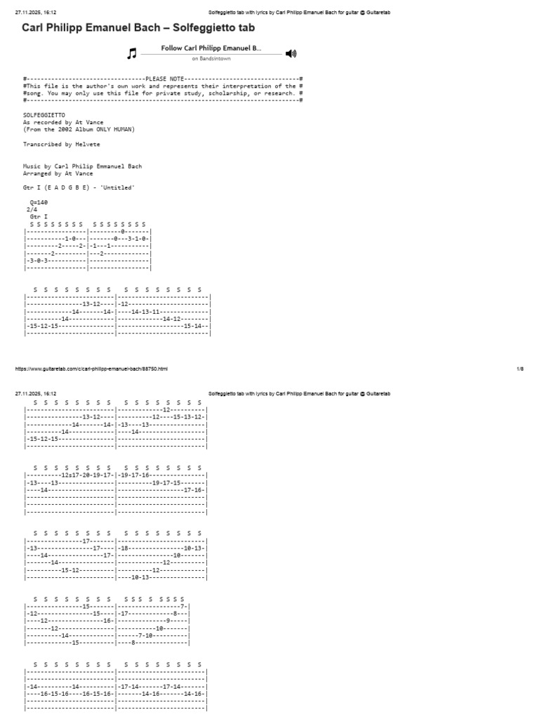 Solfeggietto Tab With Lyrics by Carl Philipp Emanuel Bach For Guitar at ...