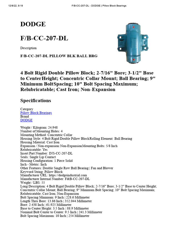 F - B-CC-207-DL - DODGE - Pillow Block Bearings | PDF