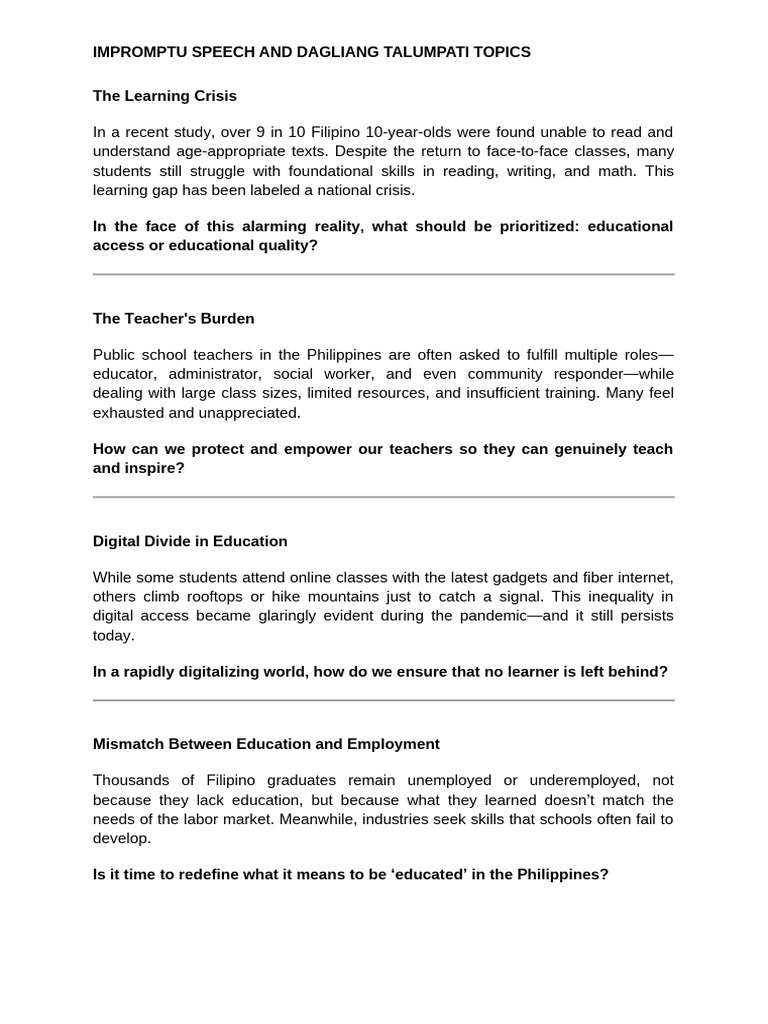 Impromptu Speech and Dagliang Talumpati Topics | PDF