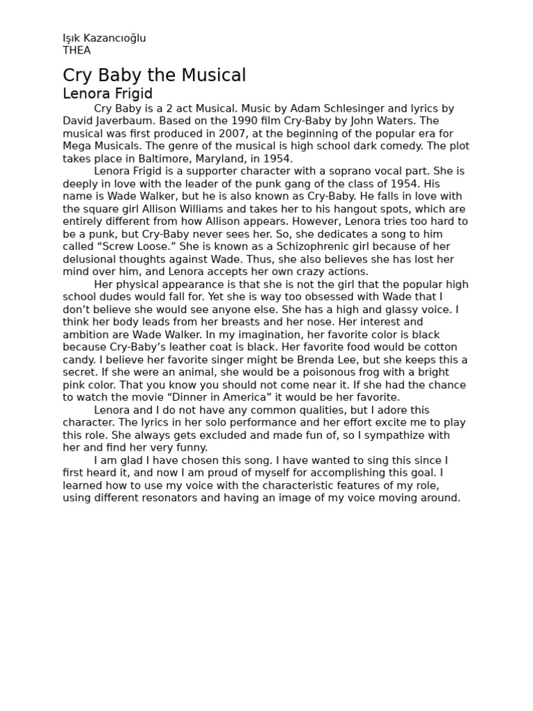 Cry Baby Musical Character Analysis | PDF