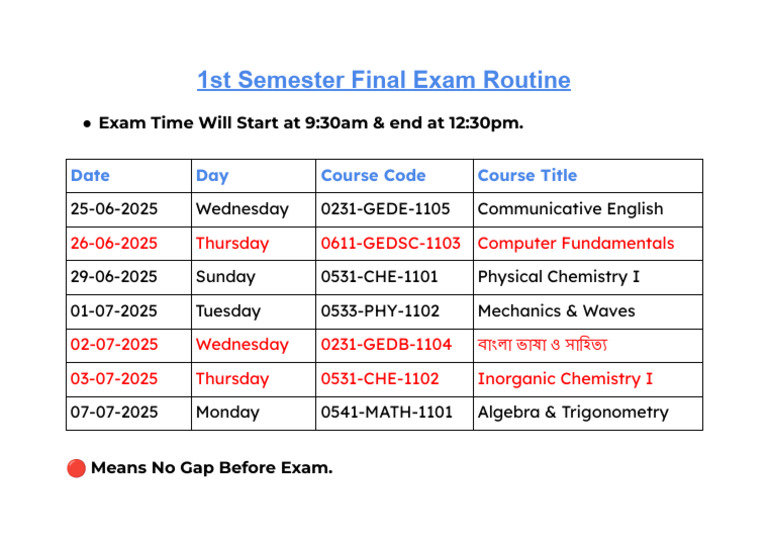 1st Semester Final Routine | PDF