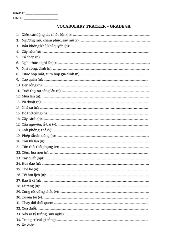 Vocabulary Tracker 8a | PDF