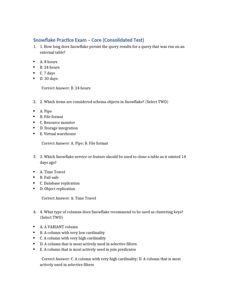 Snowflake Core Practice Exam Questions | PDF | Databases | Database Schema