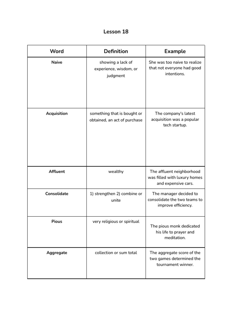 Vocabulary Lesson 18: Word Definitions | PDF
