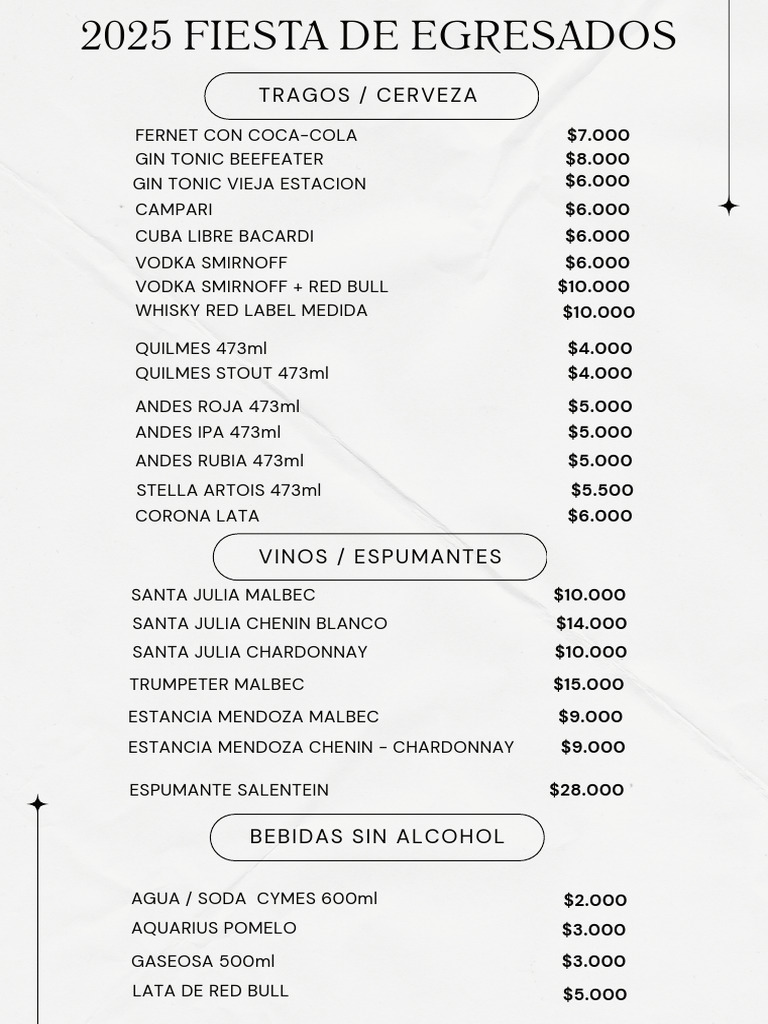 Menú de Bebidas y Precios 2025 | PDF | Bebida