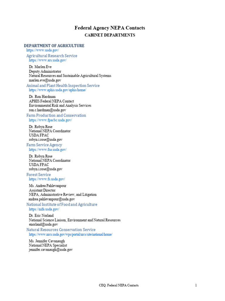 Federal NEPA Contacts Directory | PDF | National Environmental Policy ...