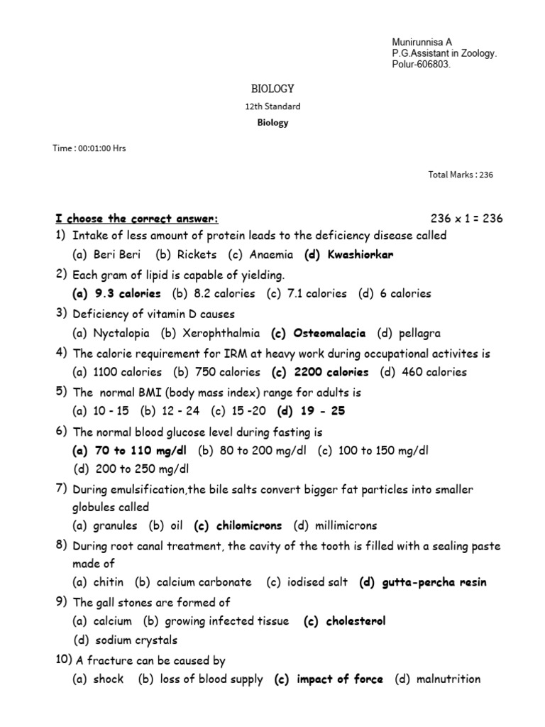 12th Grade Biology Exam Questions | PDF | Adenosine Triphosphate ...