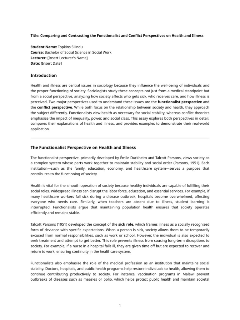 Functionalism Vs Conflict Health | PDF | Society | Poverty