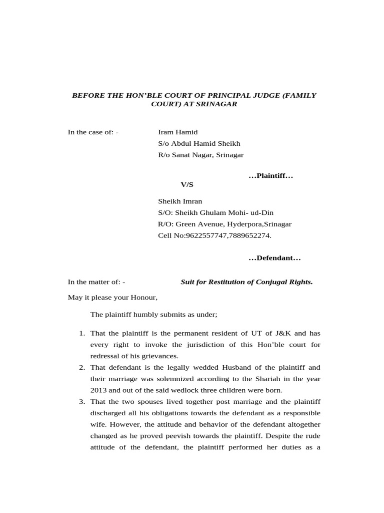 Restitution of Conjugal Rights | PDF | Lawsuit | Marriage