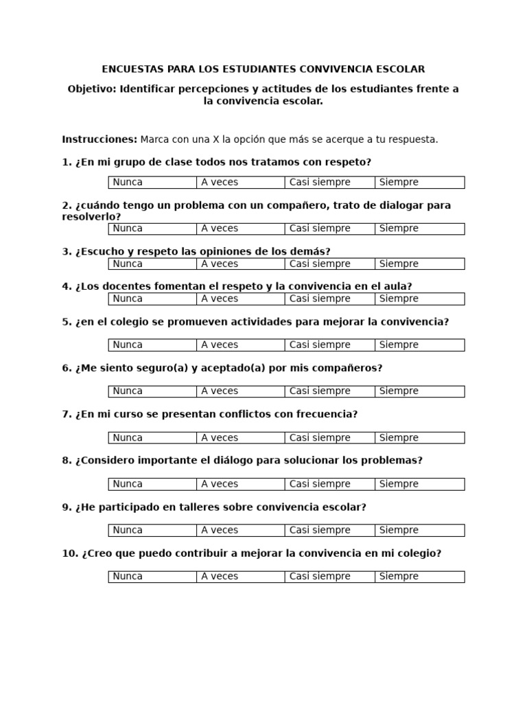 Encuesta sobre Convivencia Escolar Estudiantil | PDF