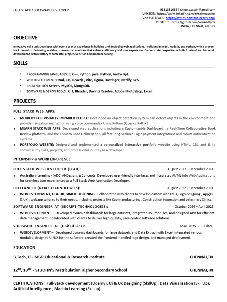Aswin Resume (1) | PDF | Web Application | Web Development