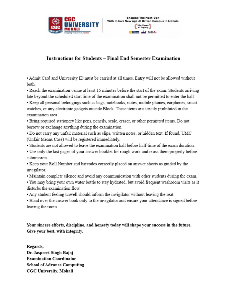 Final Exam Instructions for Students | PDF