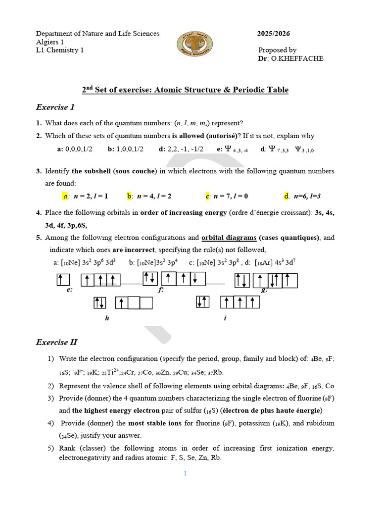 2nd Set of Exercises CHEMISTRY S1 | PDF | Atomic Orbital | Electron ...