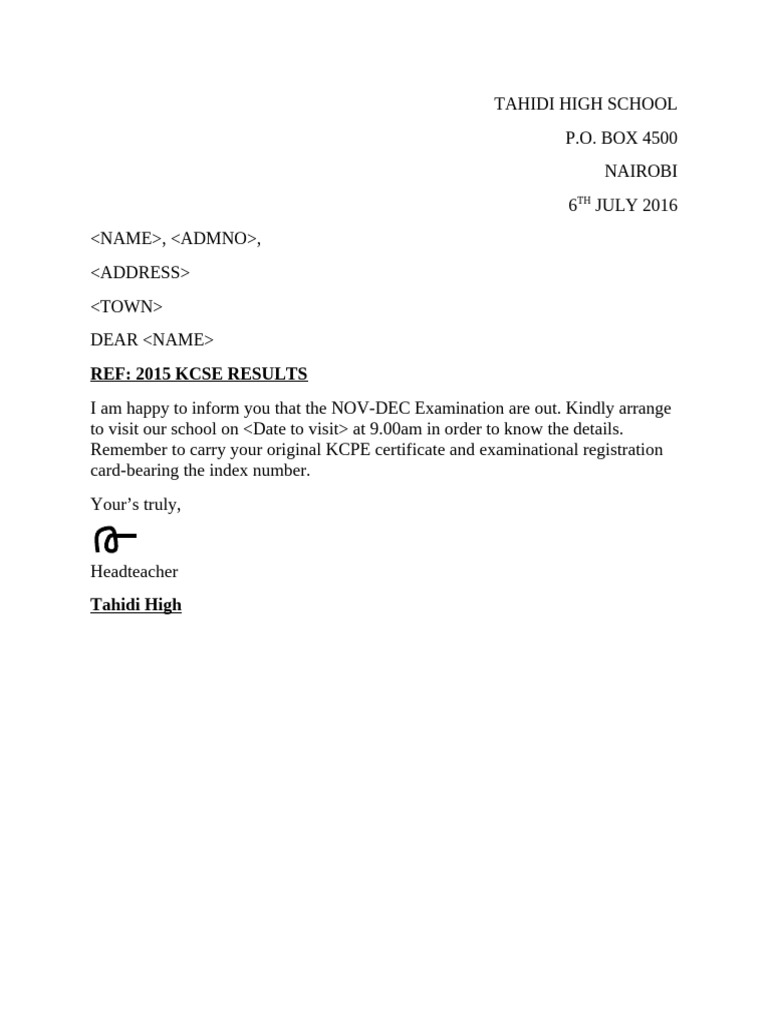 KCSE Results Notification Letter | PDF
