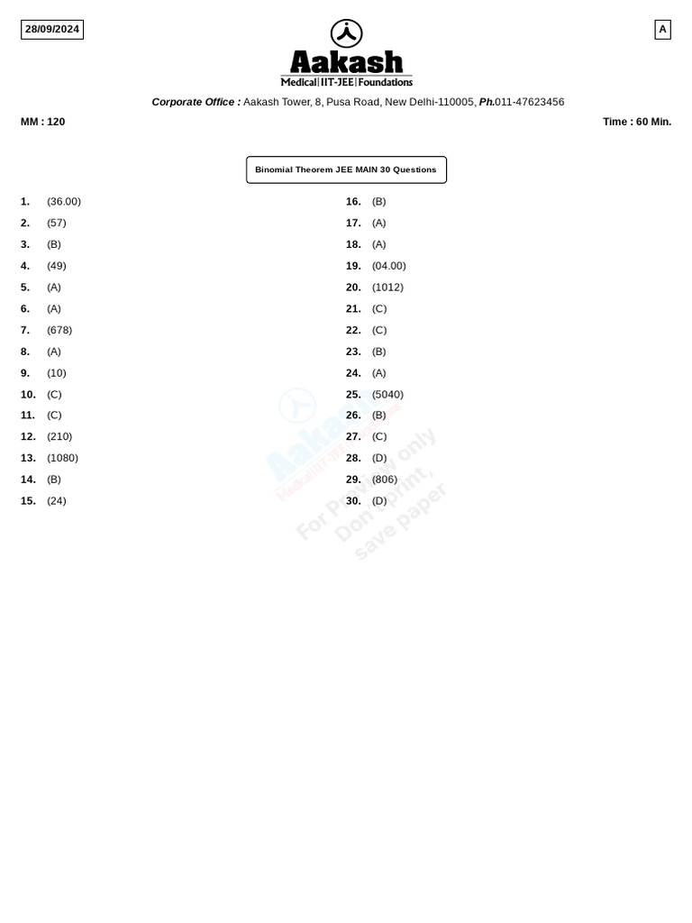 Binomial-theorem-JEE-MAIN-30-Questions Solution Aakash | PDF | Chess | Chess Theory