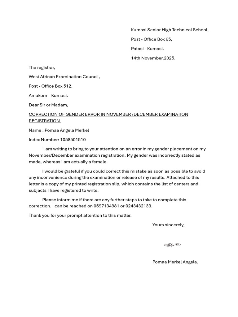 Angela Gender Correction Letter | PDF
