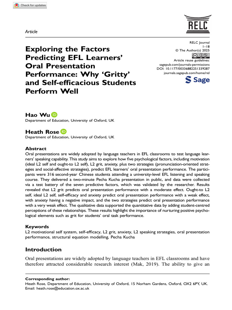 Wu Rose 2025 Exploring The Factors Predicting Efl Learners Oral Presentation Performance Why ...