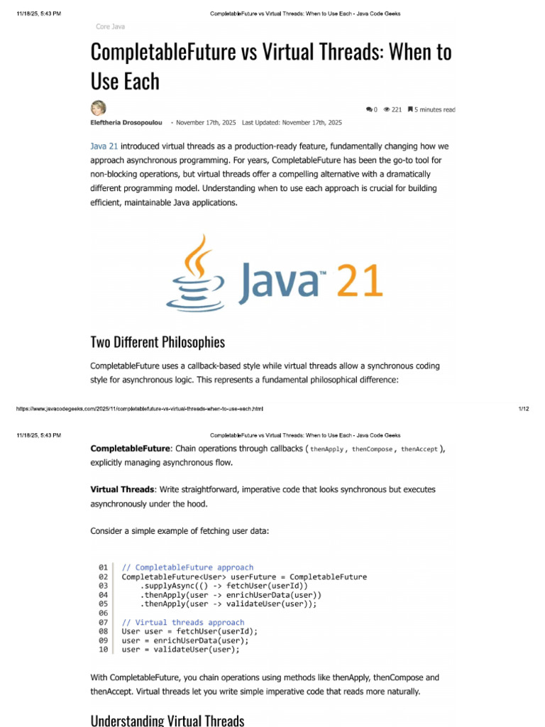 CompletableFuture Vs Virtual Threads - When To Use Each | PDF