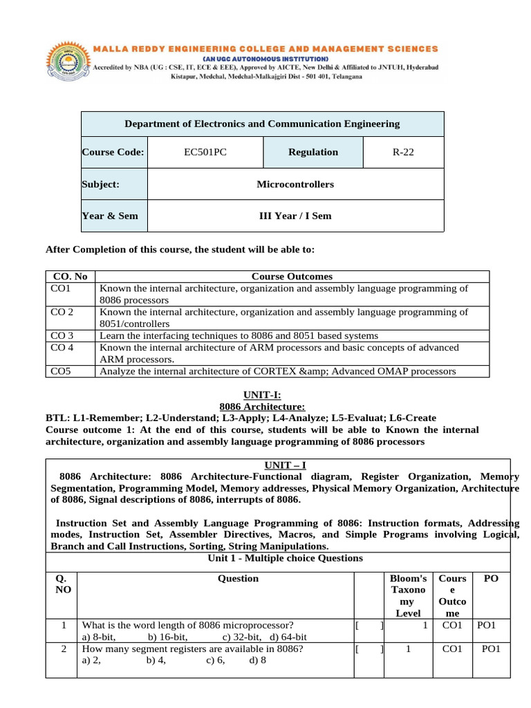 Question Bank MC (25-26) | PDF | Microcontroller | Central Processing Unit