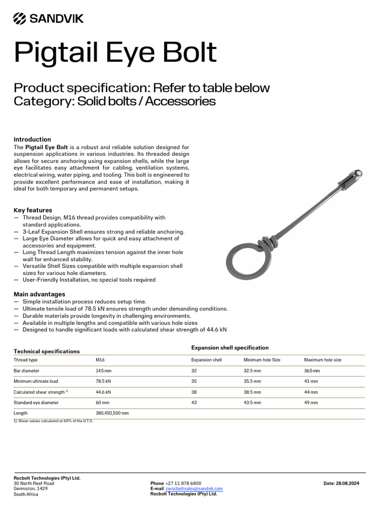 Pigtail Eye Bolt Specification Sheet Edit | PDF | Screw | Strength Of ...